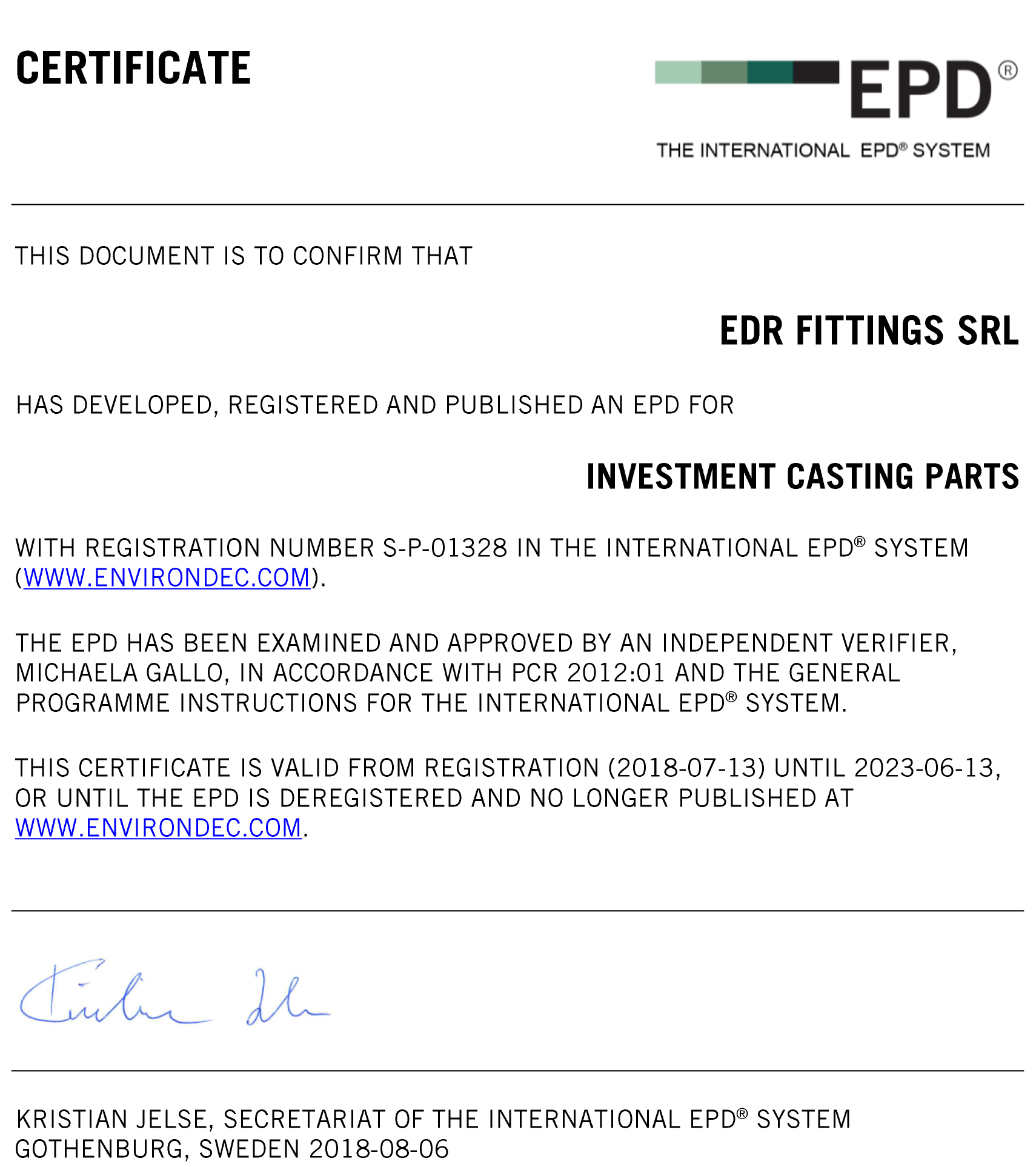 Certificazioni | EDR Fittings SRL